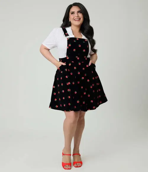 Unique Vintage Brionne Pinafore Skirt - Black W/strawberries