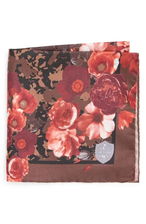 CLIFTON WILSON Brown Floral Silk Pocket Square - Red