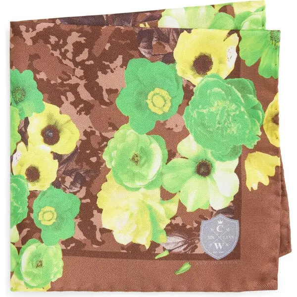 CLIFTON WILSON Brown Floral Silk Pocket Square - Green
