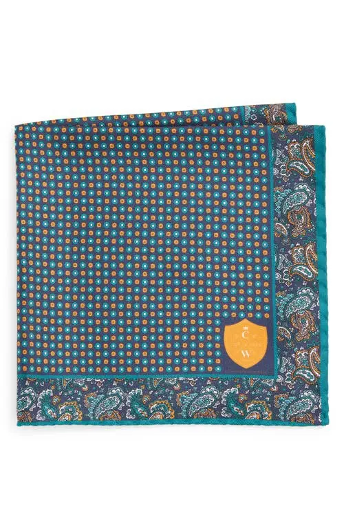 CLIFTON WILSON Paisley Silk Pocket Square - Turquoise