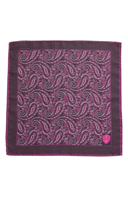 CLIFTON WILSON Paisley Silk Pocket Square - Fuschia