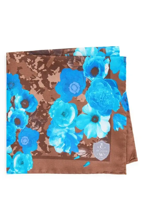 CLIFTON WILSON Brown Floral Silk Pocket Square - Blue