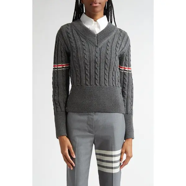 Thom Browne Cable Knit Virgin Wool V-neck Sweater - Medium Grey