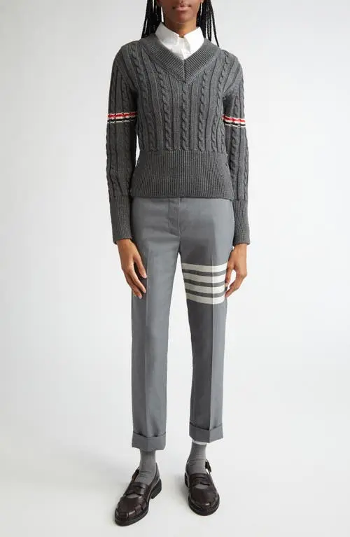 Thom Browne Cable Knit Virgin Wool V-neck Sweater - Medium Grey