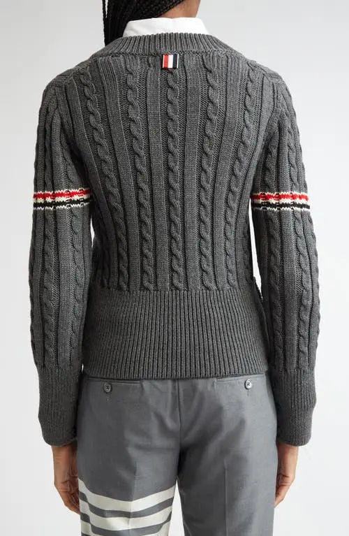 Thom Browne Cable Knit Virgin Wool V-neck Sweater - Medium Grey