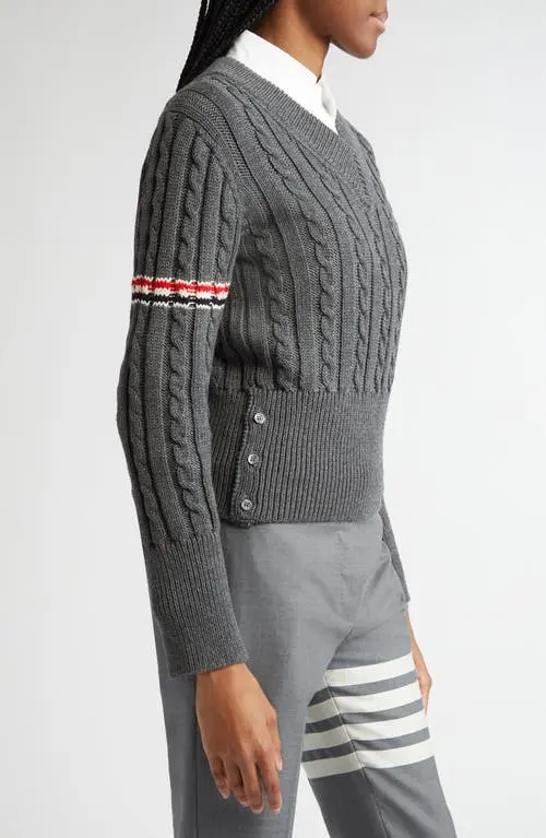 Thom Browne Cable Knit Virgin Wool V-neck Sweater - Medium Grey