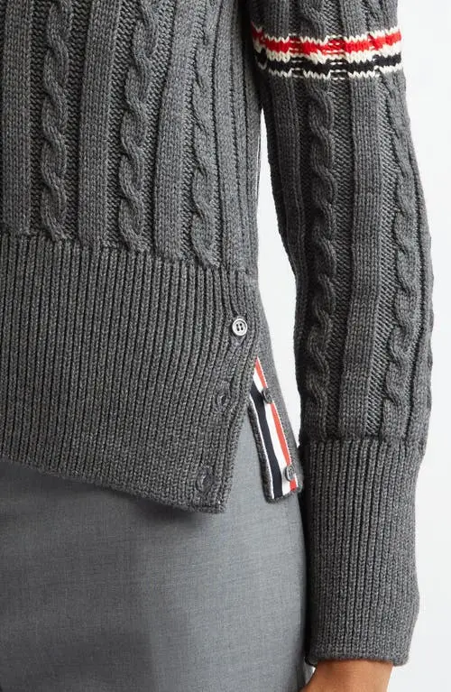 Thom Browne Cable Knit Virgin Wool V-neck Sweater - Medium Grey