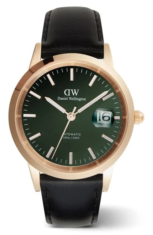 DANIEL WELLINGTON Iconic Automatic Sheffield Leather Strap Watch - Rose Gold