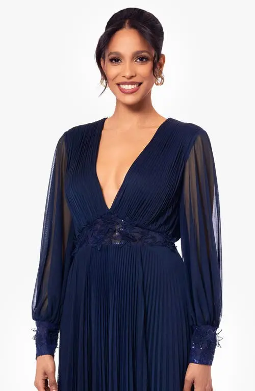 betsy and adam blue sequin dress Celeste Long Embroidered Chiffon Gown Black/Gold / 14 main image 1