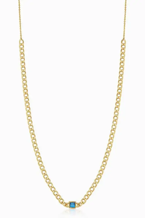 ORADINA 14k Gold Curb Choker Necklace - Gold - Blue Zirconia