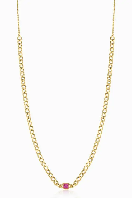 ORADINA 14k Gold Curb Choker Necklace - Gold - Red Zirconia