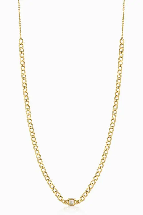 ORADINA 14k Gold Curb Choker Necklace - Gold - White Zirconia