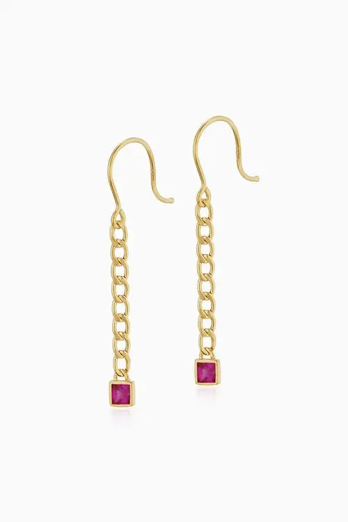 ORADINA 14k Gold Curb Drop Earrings - Gold - Red Zirconia
