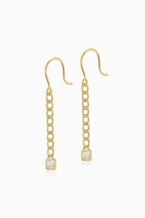 ORADINA 14k Gold Curb Drop Earrings - Gold - White Zirconia