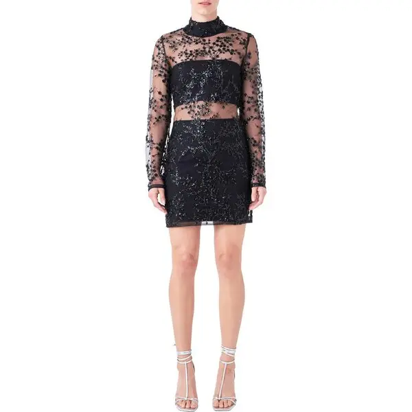 Endless Rose Long Sleeve Sequin Minidress - Black