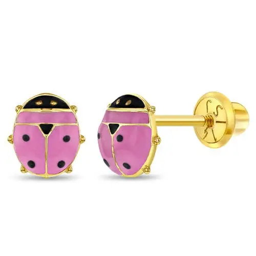 IN SEASON JEWELRY 14k Yellow Gold Ladybug Earrings - Pink
