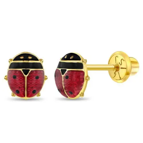 IN SEASON JEWELRY 14k Yellow Gold Ladybug Earrings - Red