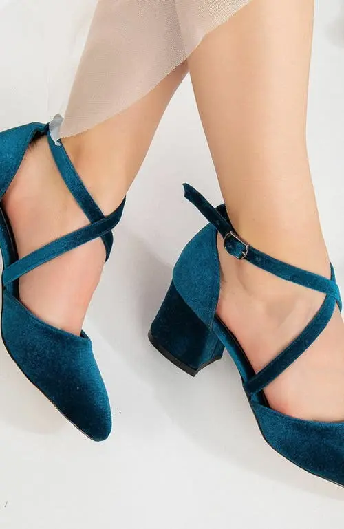 FOREVER & ALWAYS SHOES Dolly Low Block Heel Pumps - Teal Blue Velvet