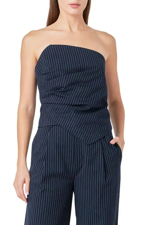 Endless Rose Stripe Asymmetric Neck Strapless Top - Navy