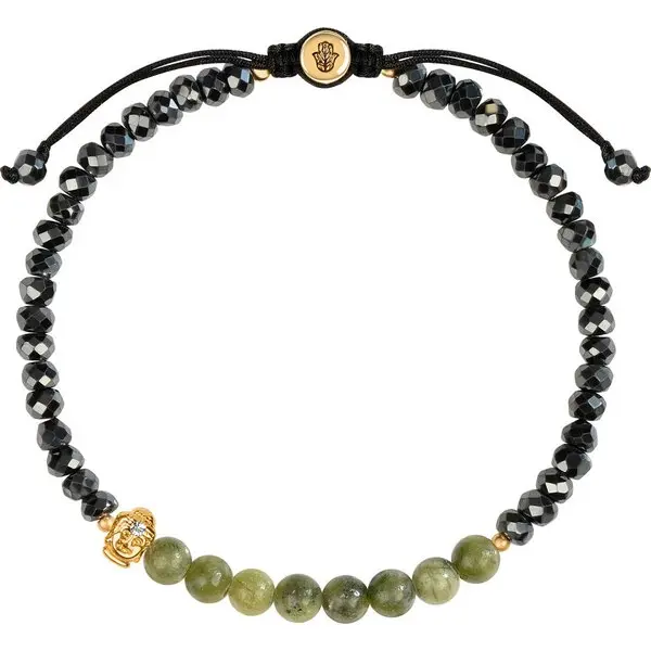 KARMA AND LUCK Jade Buddha Charm Hematite Beaded Bracelet - Black/green/gold