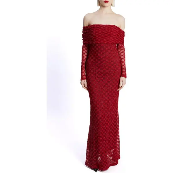 Bardot Adoni Off-the-shoulder Long Sleeve Dress - Deep Red