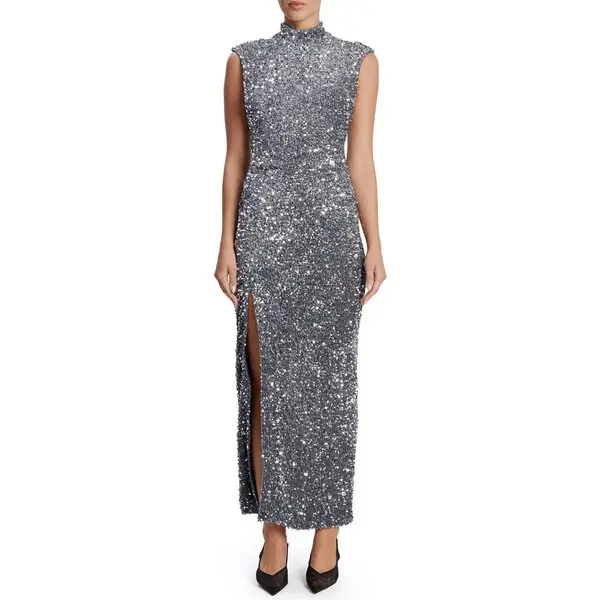bardot silver sequin dress Halter Bardot Sequin Maxi Dress Silver