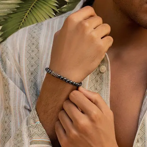 KARMA AND LUCK Hematite And Black Onyx Charm Beaded Bracelet