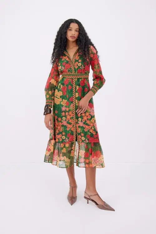 RAISHMA Floral Print Chiffon Midi Dress - Olive