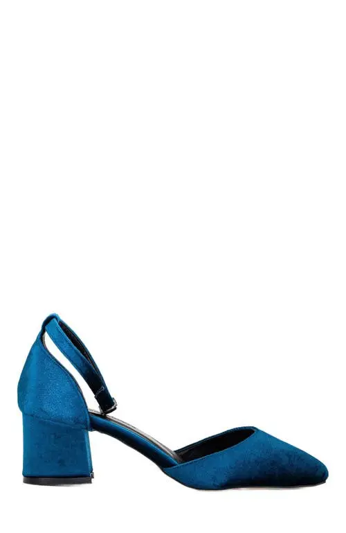 FOREVER & ALWAYS SHOES Marcelle Low Block Heel Pumps - Teal Blue Velvet