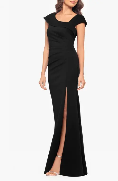 Xscape Evenings Asymmetric Scuba Knit Trumpet Gown - Black | Editorialist