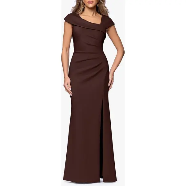 XSCAPE EVENINGS Asymmetric Neck Scuba Knit Trumpet Gown - Brown
