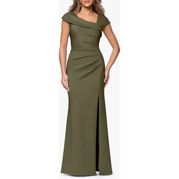 XSCAPE EVENINGS Asymmetric Neck Scuba Knit Trumpet Gown - Olive