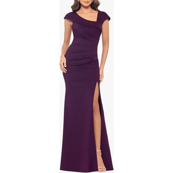 XSCAPE EVENINGS Asymmetric Neck Scuba Knit Trumpet Gown - Plum