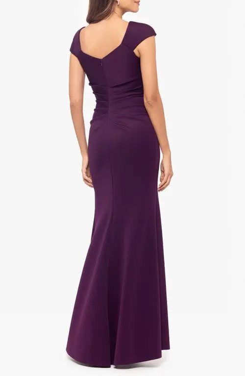 XSCAPE EVENINGS Asymmetric Neck Scuba Knit Trumpet Gown - Plum
