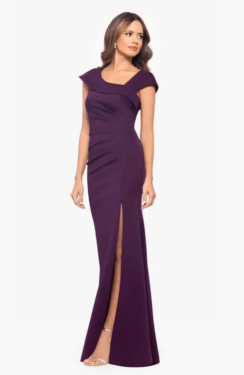 XSCAPE EVENINGS Asymmetric Neck Scuba Knit Trumpet Gown - Plum
