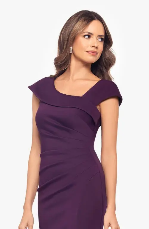 XSCAPE EVENINGS Asymmetric Neck Scuba Knit Trumpet Gown - Plum
