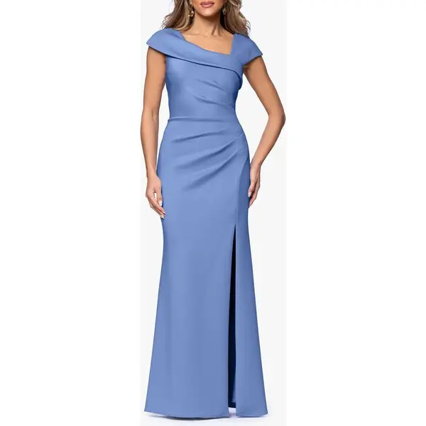 XSCAPE EVENINGS Asymmetric Neck Scuba Knit Trumpet Gown - Slate