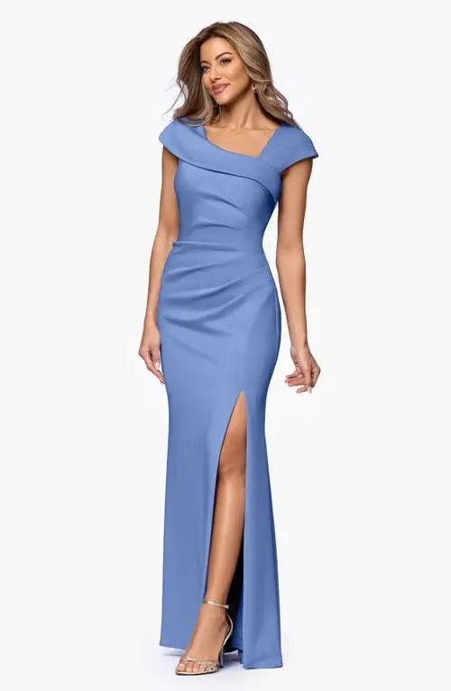 XSCAPE EVENINGS Asymmetric Neck Scuba Knit Trumpet Gown - Slate
