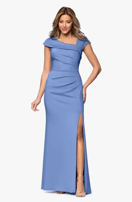 XSCAPE EVENINGS Asymmetric Neck Scuba Knit Trumpet Gown - Slate