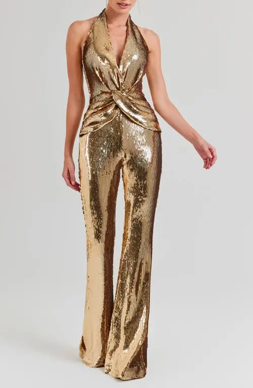 NADINE MERABI Tianna Sequin Halter Flare Jumpsuit - Gold