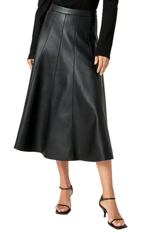 English Factory Faux Leather Midi Flared Skirt - Black