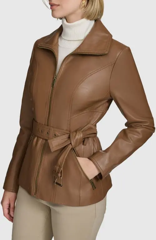 Andrew Marc Tatum Belted Leather Jacket - Cognac