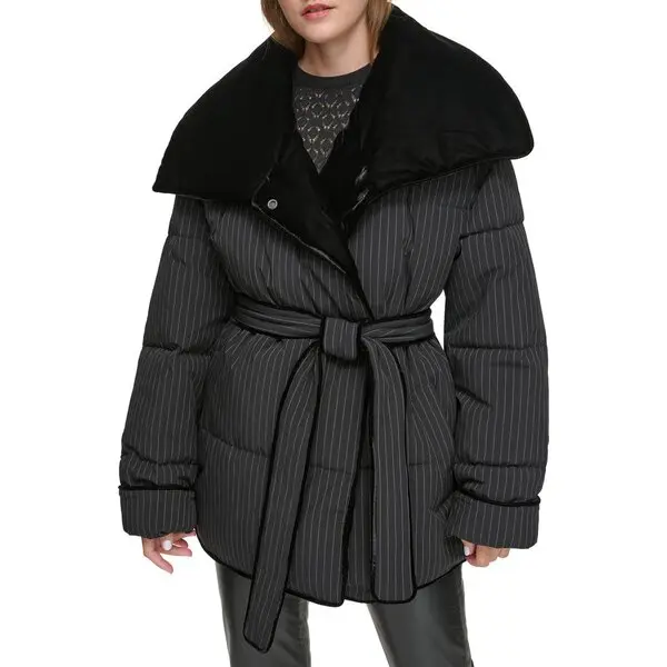 Andrew Marc Krithia Pinstripe Belted Puffer Coat