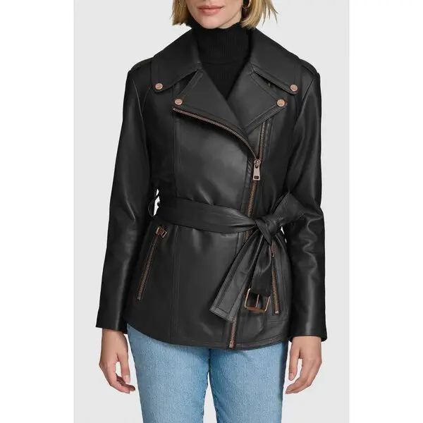Andrew Marc Delphine Belted Leather Moto Jacket
