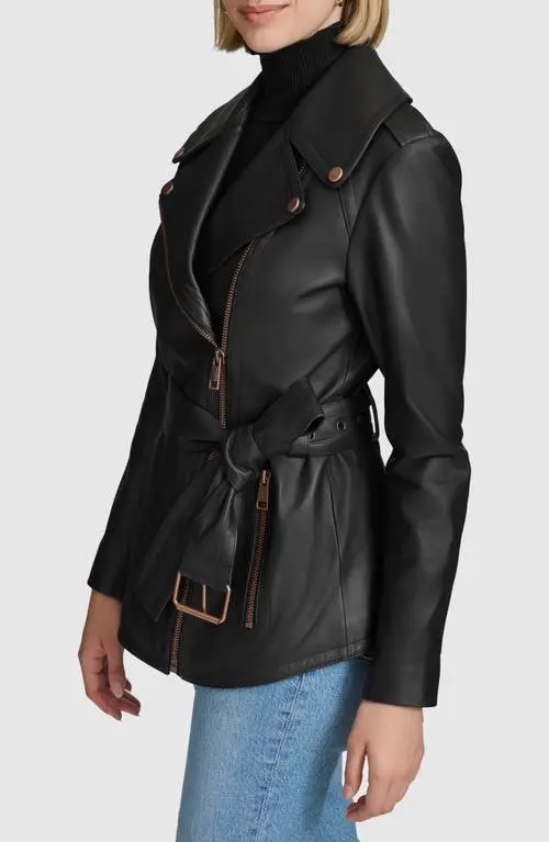 Andrew Marc Delphine Belted Leather Moto Jacket