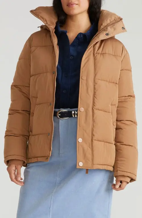 Universal Standard Rainier Short Hooded Puffer Jacket - Camel Brown
