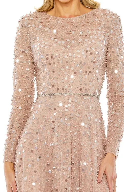 Mac Duggal Disc Embellished Sequin Gown With Feathers - Dusty Rose