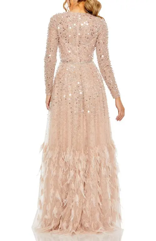 Mac Duggal Disc Embellished Sequin Gown With Feathers - Dusty Rose