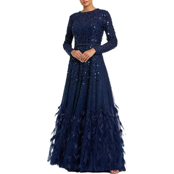 Mac Duggal Disc Embellished Sequin Gown With Feathers - Midnight