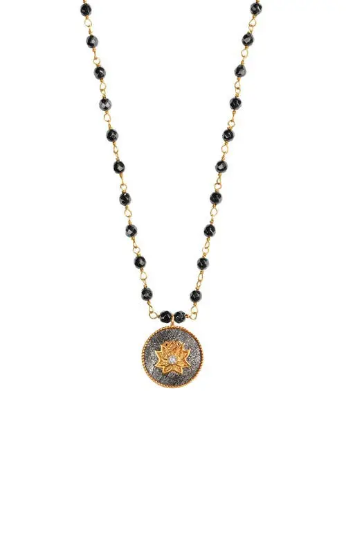 KARMA AND LUCK Hematite Lotus Pendant Necklace - Gold/dark Grey